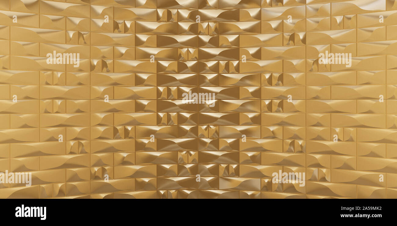 gold wall made of unusual decorative bricks. 3d rendering Stock Photo ...
