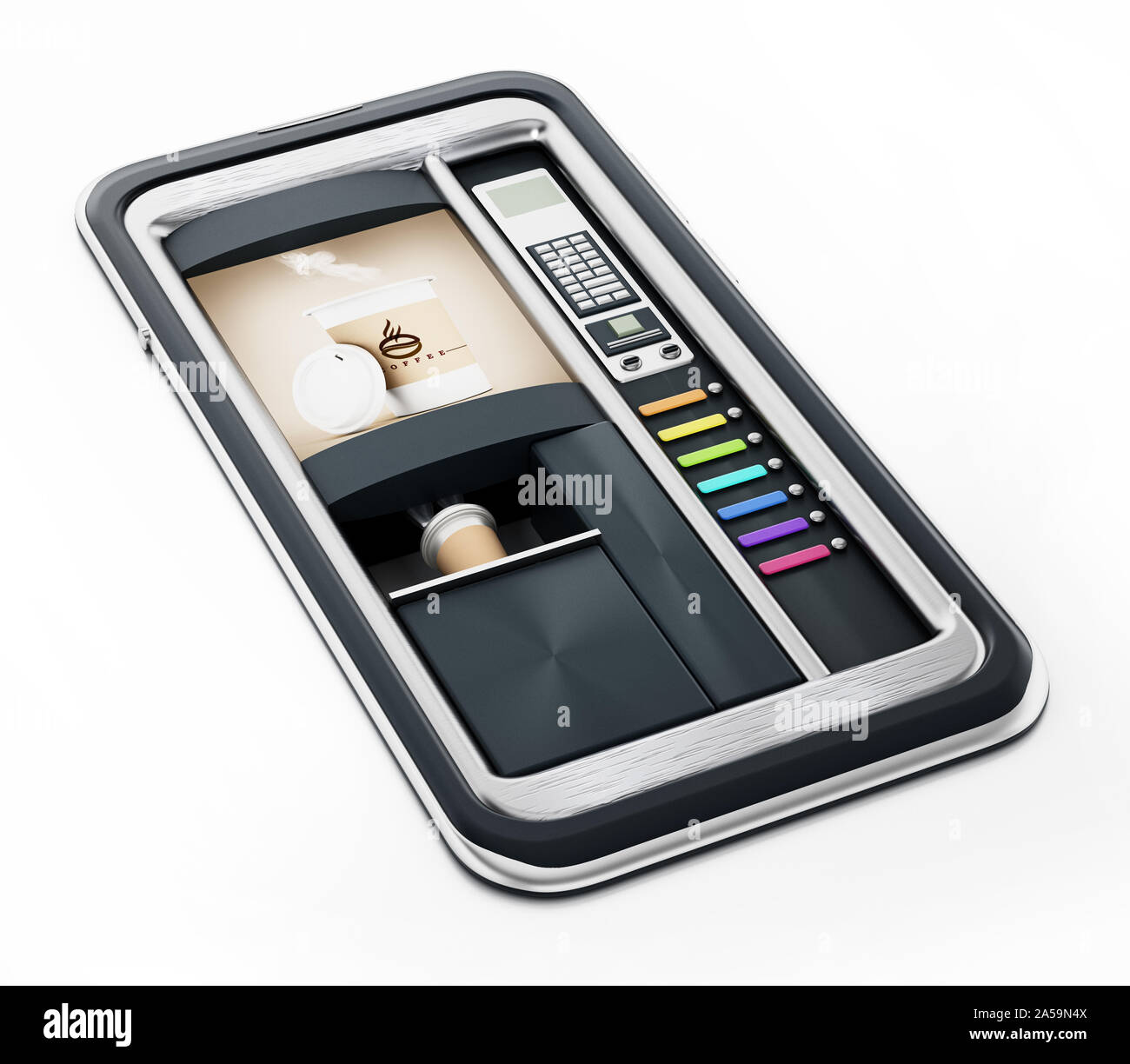 Automatic coffee machine inside smartphome screen. 3D illustration ...