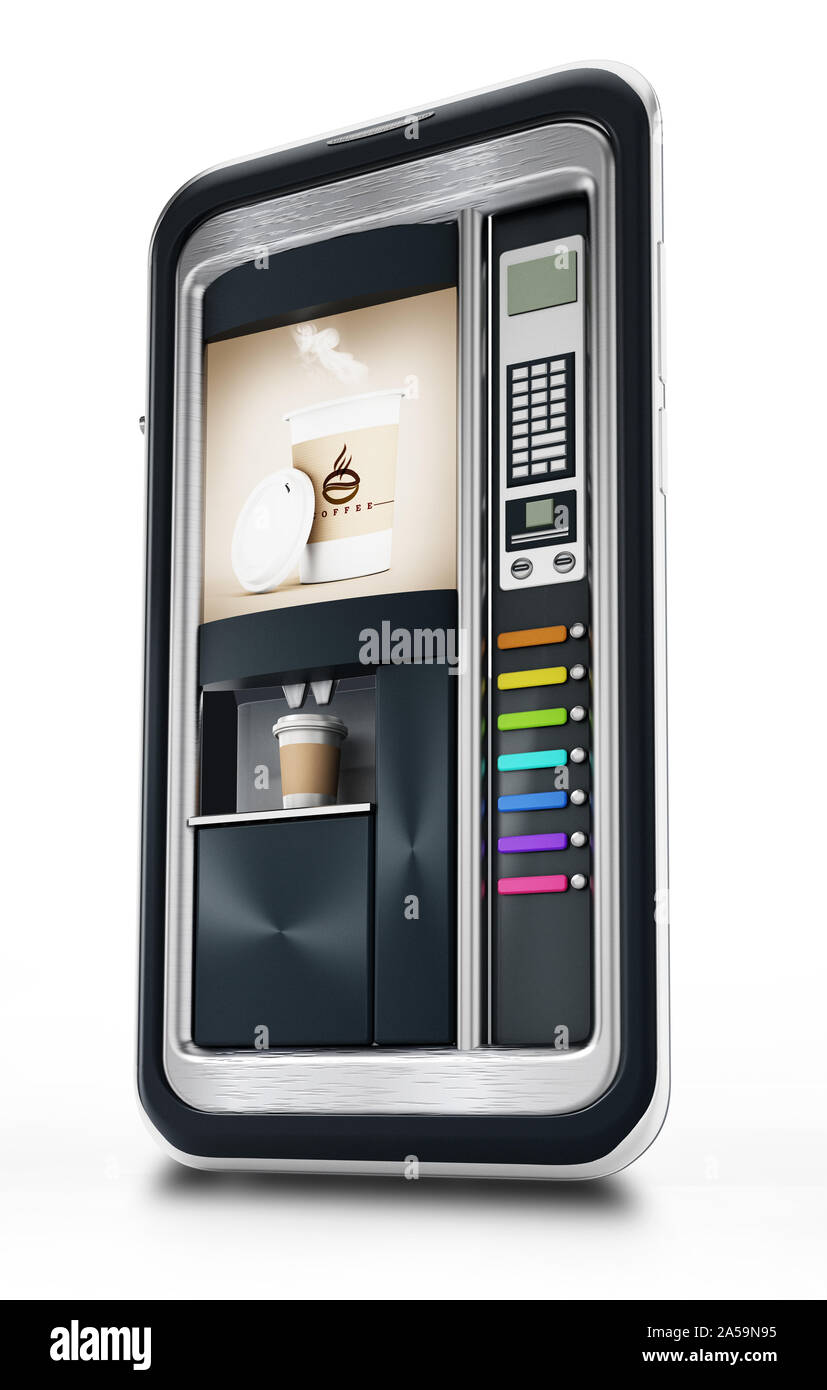 Automatic coffee machine inside smartphome screen. 3D illustration ...