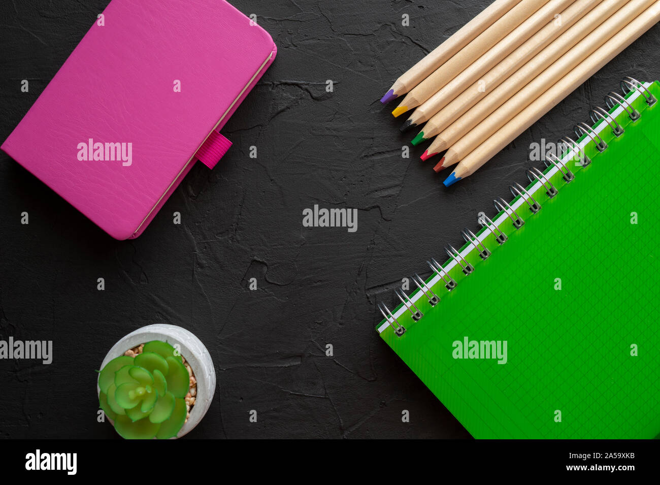 Back to school background with green spiral ring bound notebook, pink ...