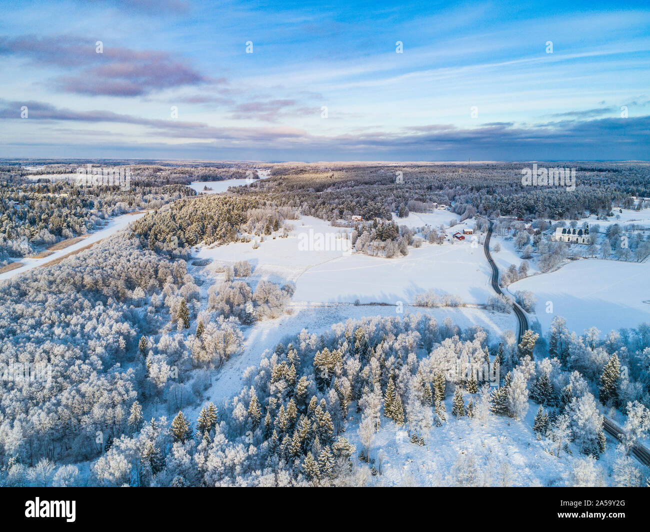 Arial drone view of a winter landscape in Sweden, Scandinavia. It is a ...