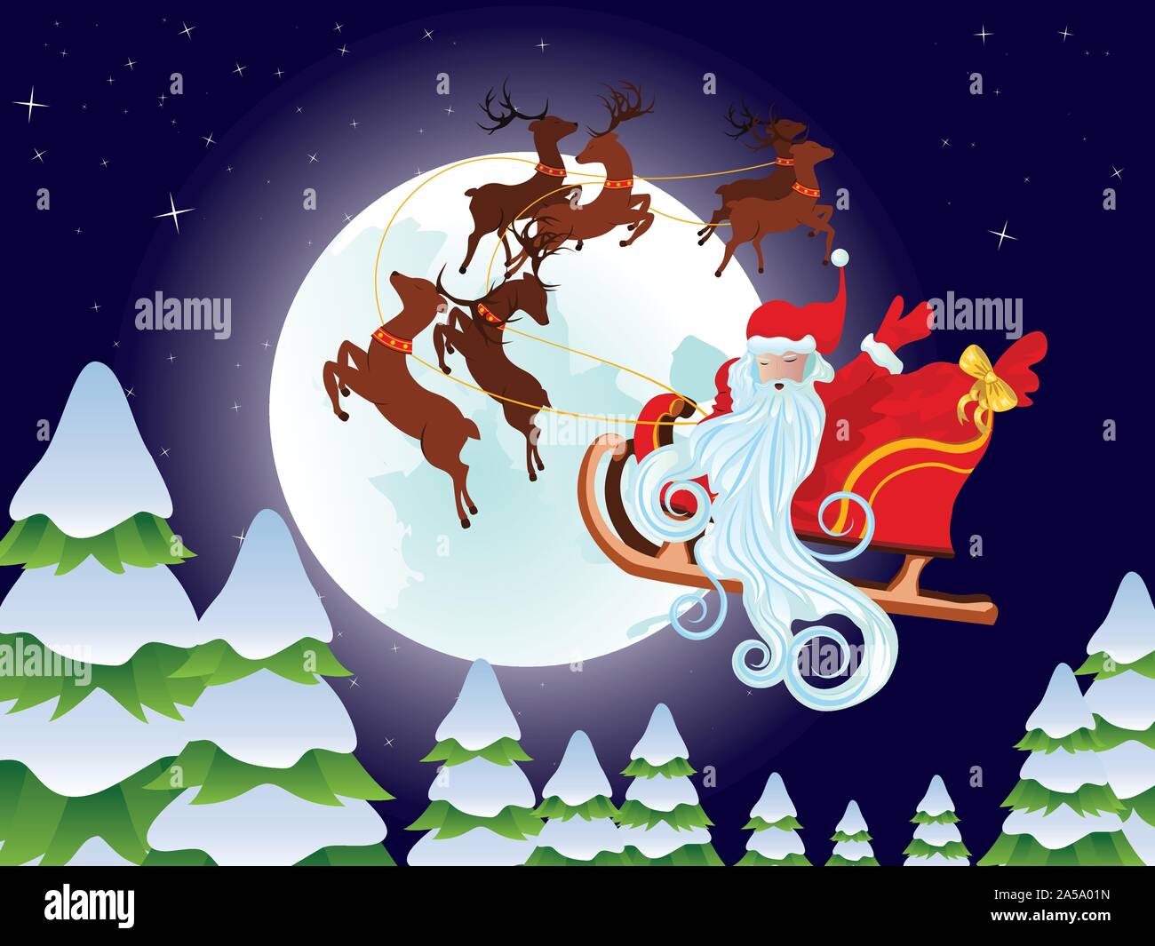 Cartoon Santa Claus riding his sleigh at the Christmas night Stock ...