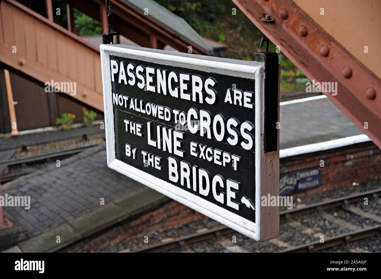 A vintage Passengers not allowed to cross the line sign at Bewdley ...
