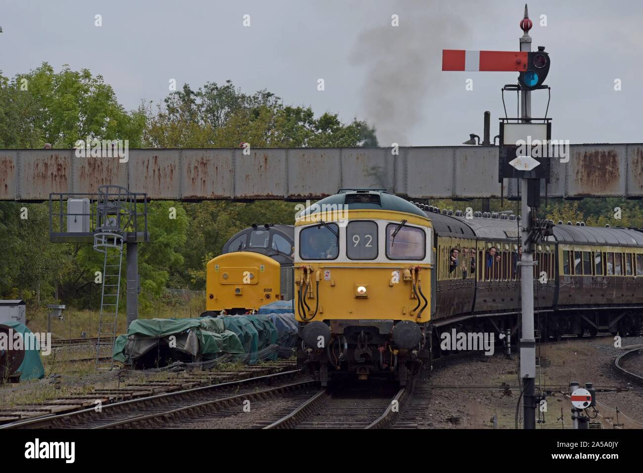 Ex British Rail Crompton Class 33 heritage diesel loco 33108 approaches ...