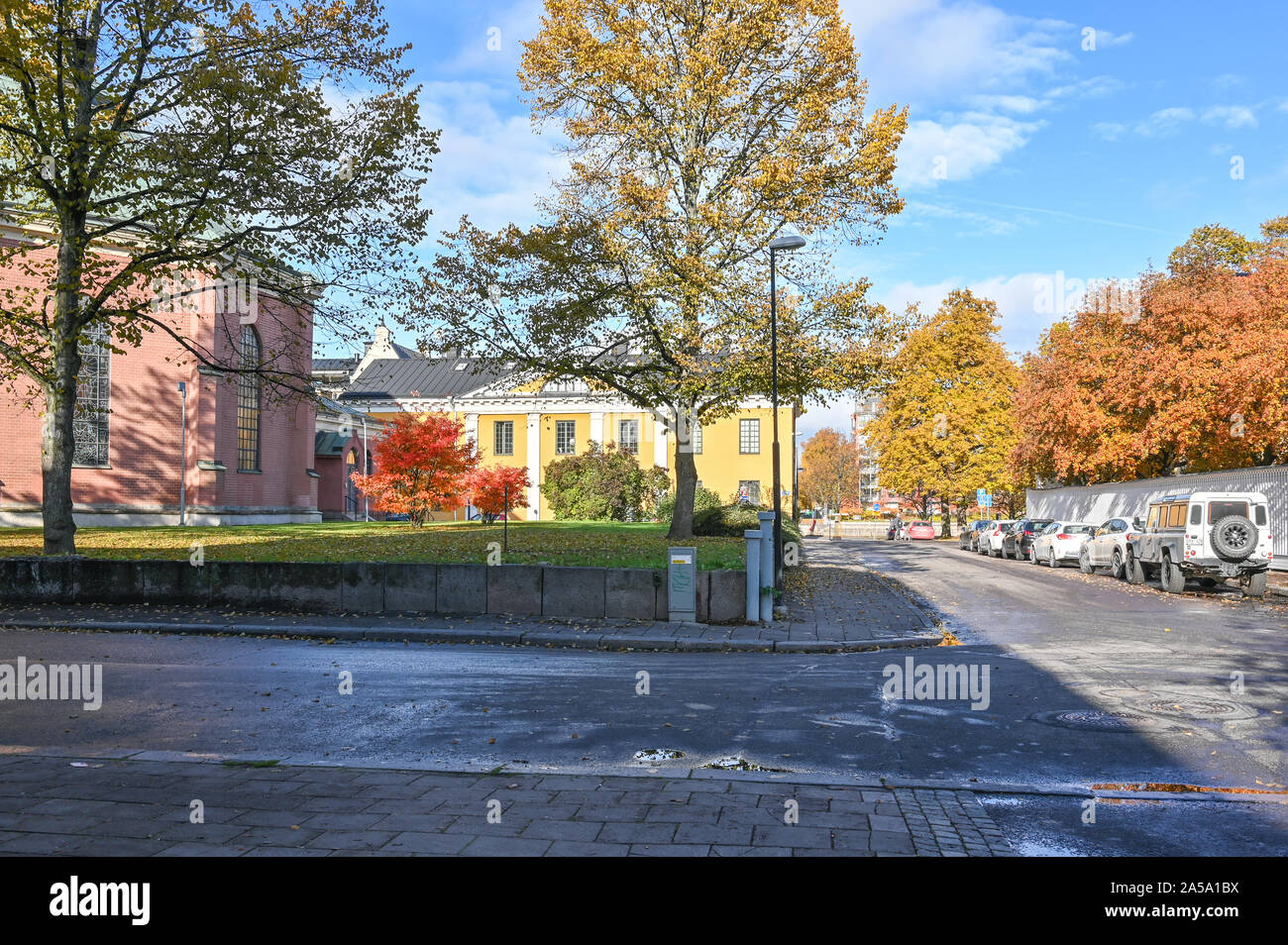Historic old yellow hospital building in Norrkoping during fall in ...