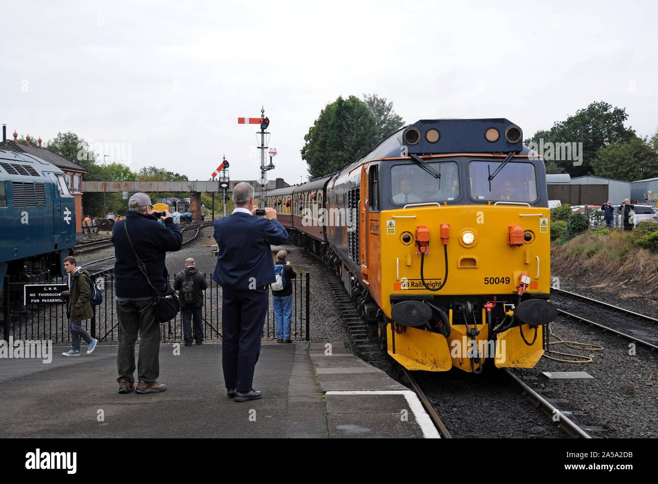Rail enthusiasts photographing a British Rail class 50 class diesel ...