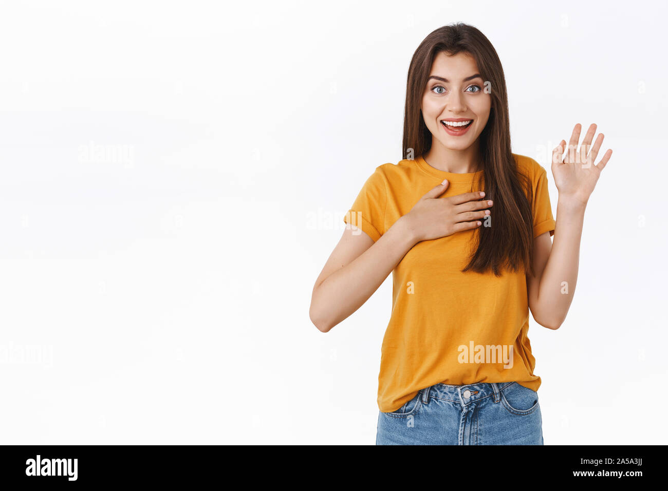 Enthusiastic cute girl promise she telling truth, press one hand to ...