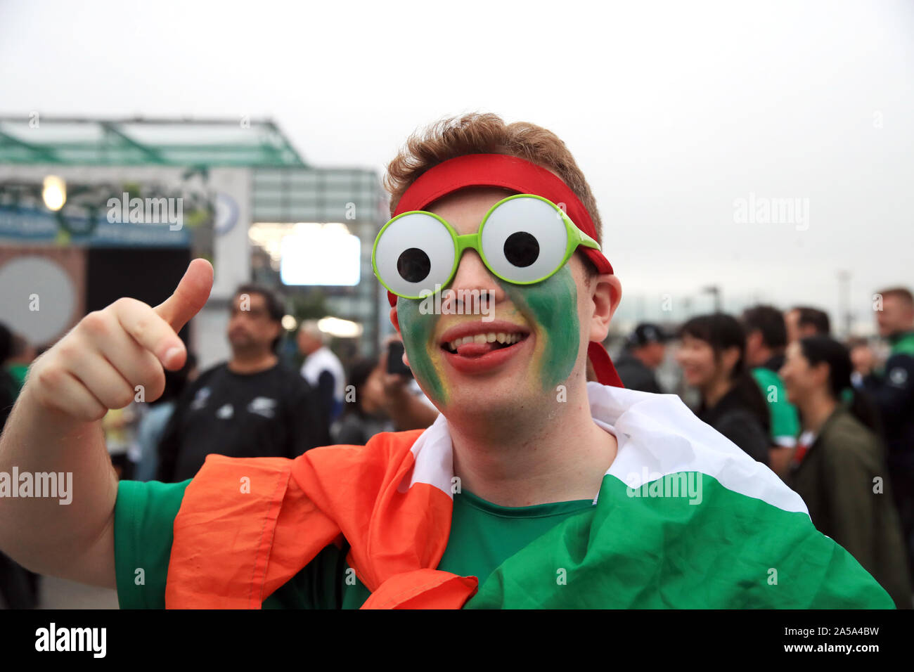 An Ireland fan in fancy dress poses for a photo before the 2019 Rugby ...