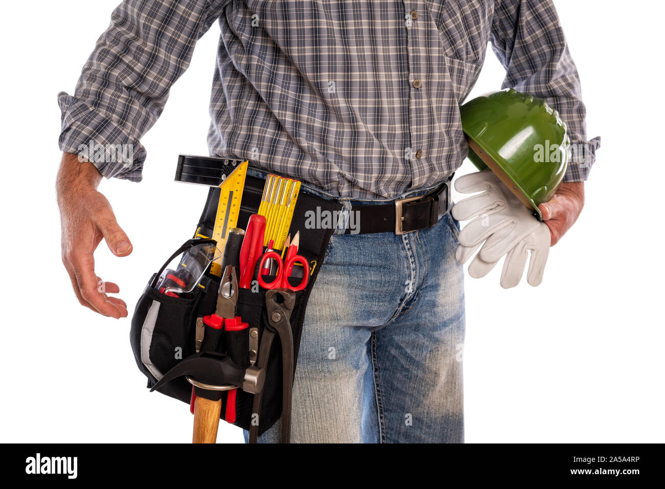 Adult craftsman carpenter isolated on white background, he is holding ...