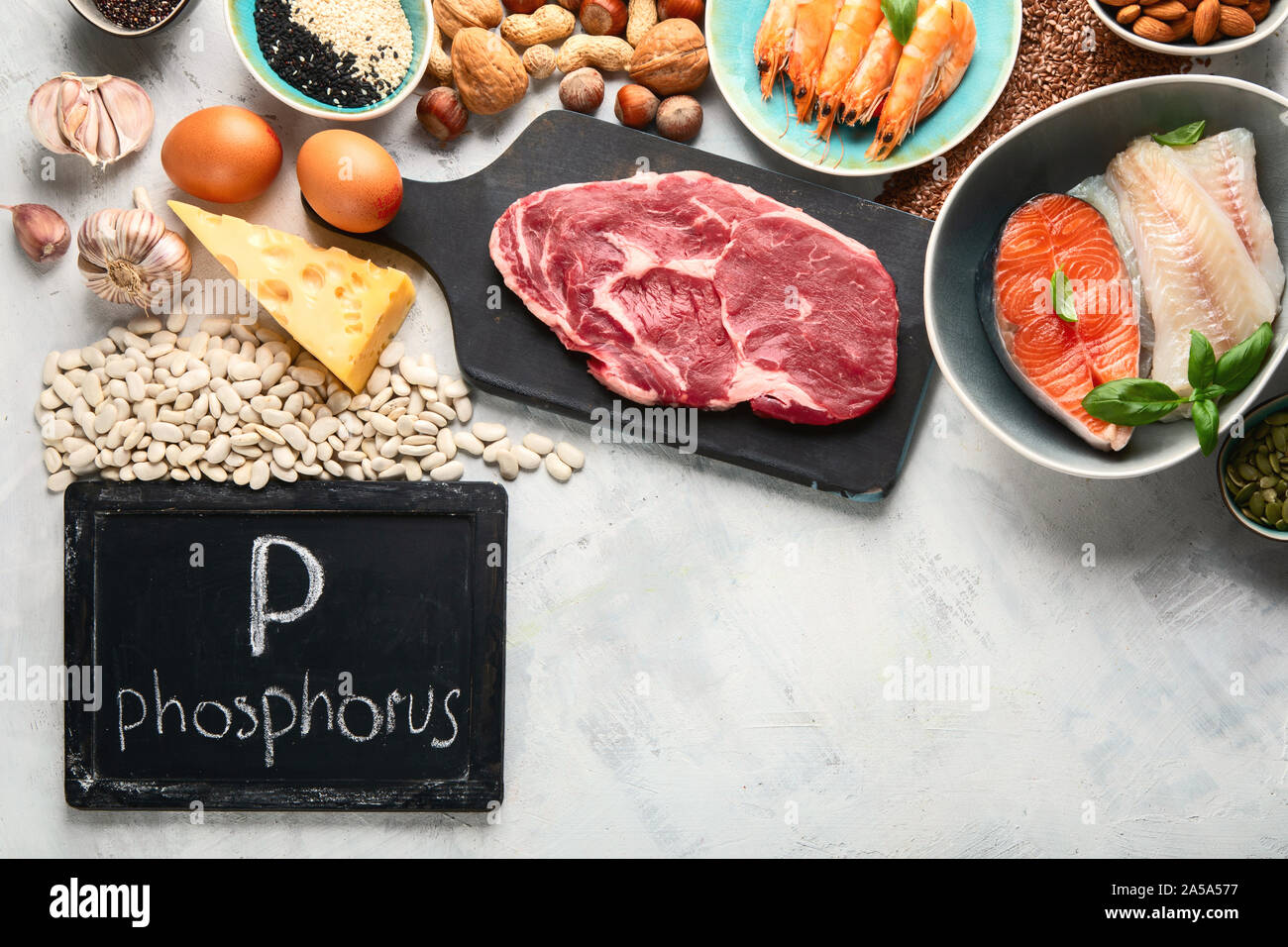 Foods highest in phosphorus. Healthy eating concept. Top view Stock ...