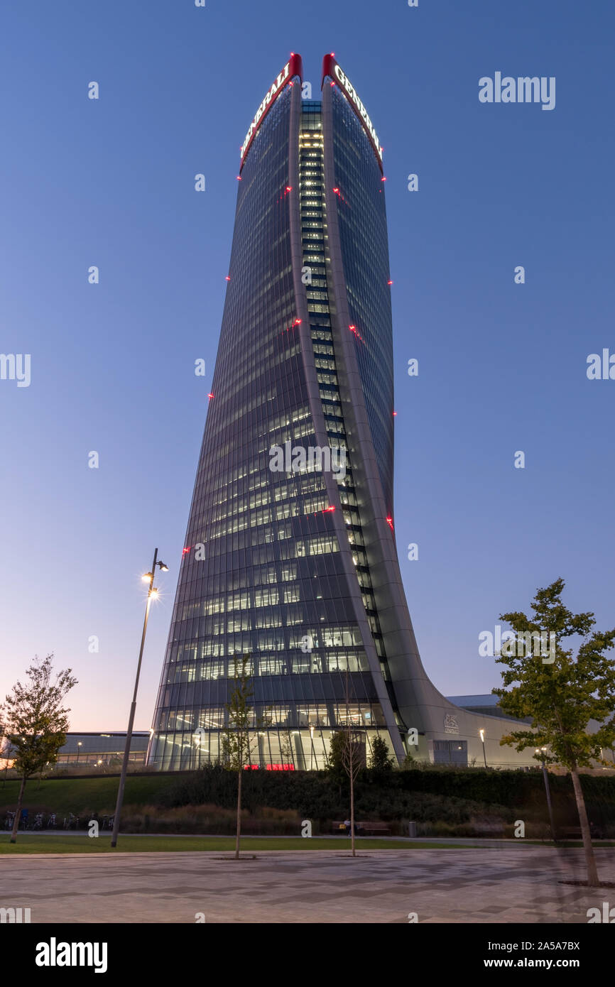 Skyscraper Generali Tower in the night, Milan Italy Stock Photo - Alamy