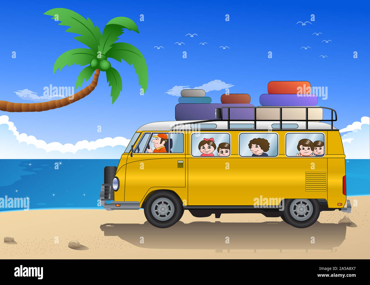 illustration of a family riding mini bus ready to vacation on nature ...