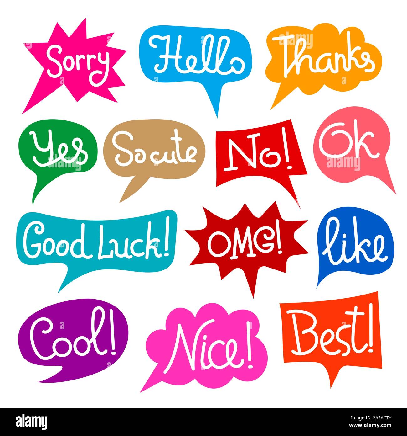 set of bubbles speech with short message, text colorful chat stickers ...