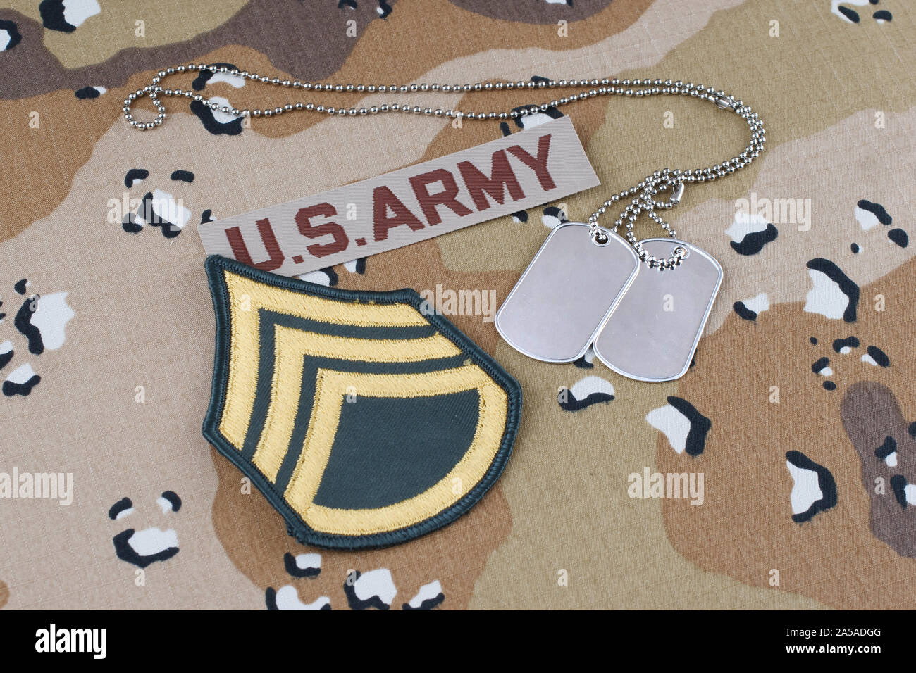 US ARMY desert pattern battle dress uniform with dog tags and rank ...