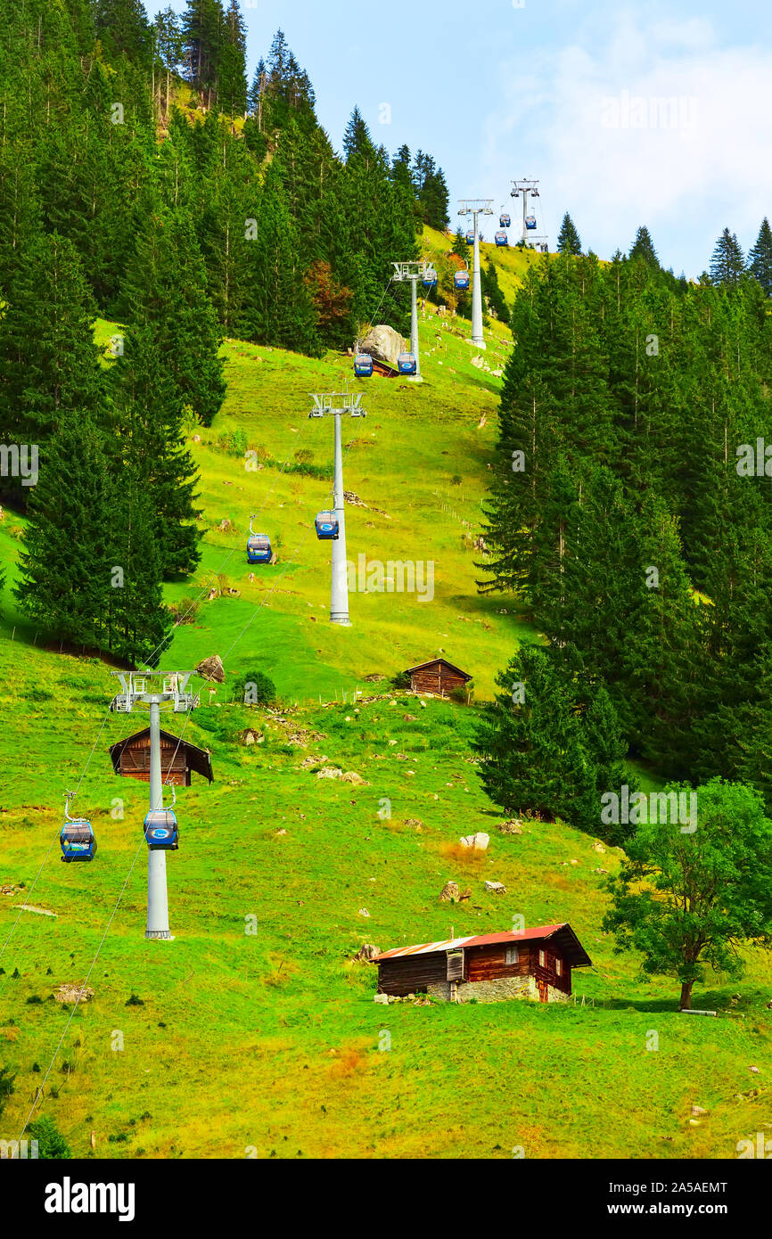 Kandersteg, Switzerland - October 17, 2019: Cable car cabin to lake ...