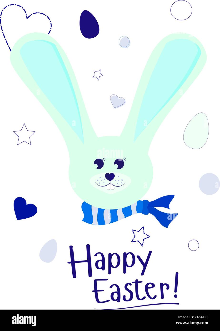 Happy Easter greeting card with cute blue bunny and eggs. Vector ...