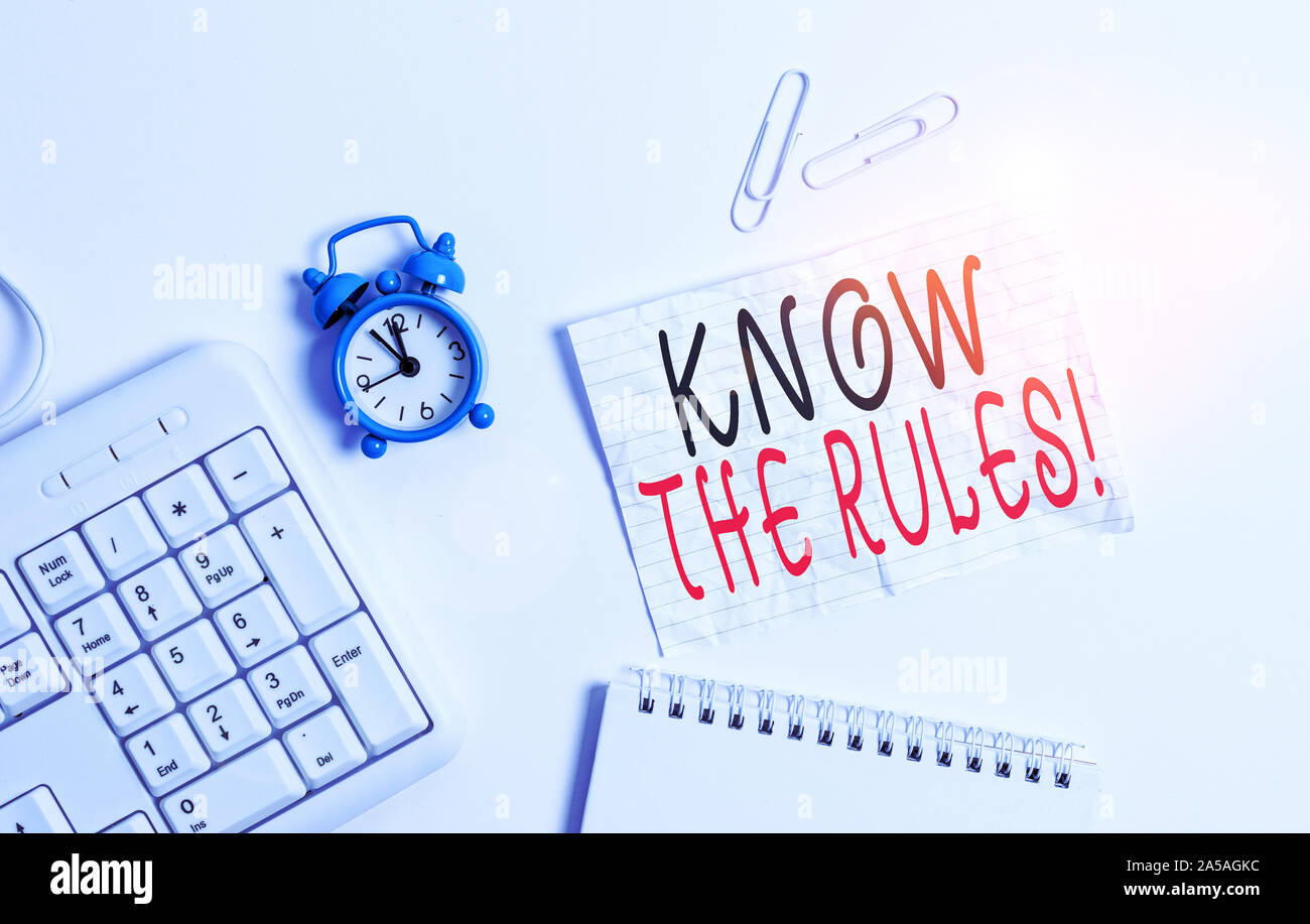 Writing note showing Know The Rules. Business concept for set explicit ...