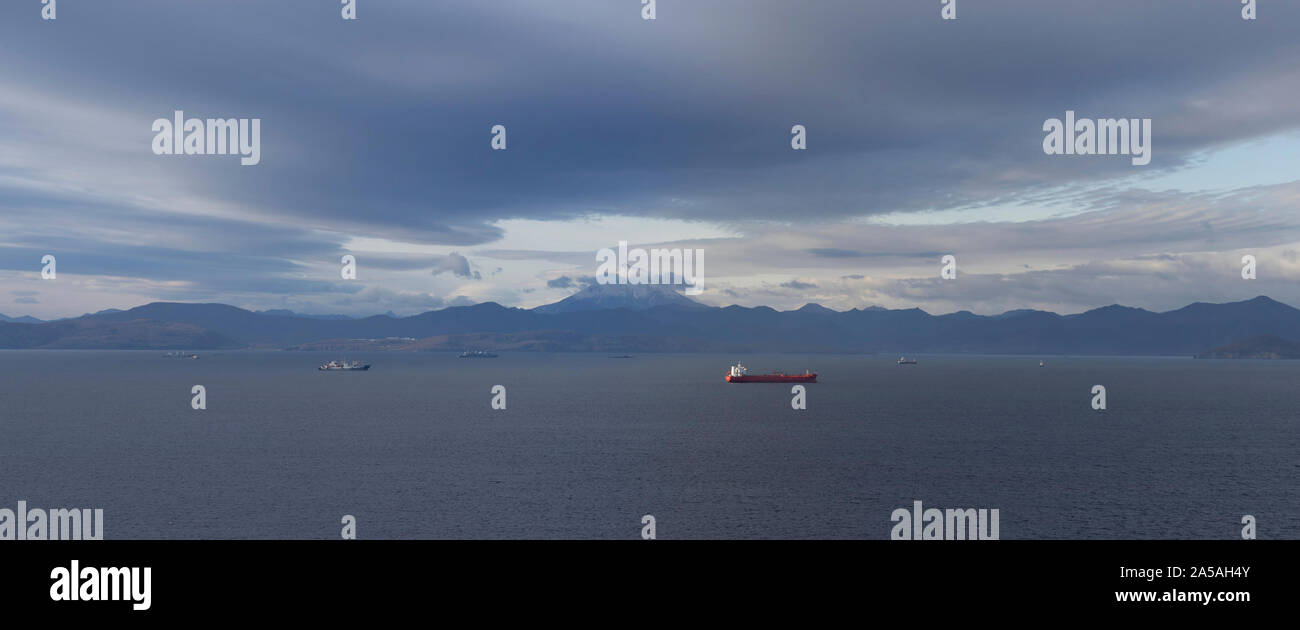 Panorama of Avacha Bay with a view of the volcano Viluchinsky ...