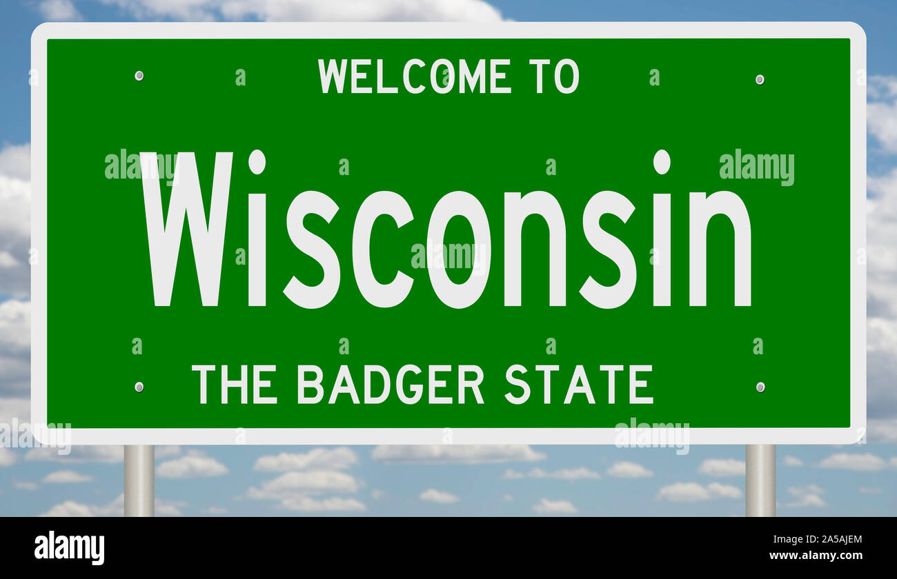 Rendering of a green 3d highway sign for Wisconsin Stock Photo - Alamy