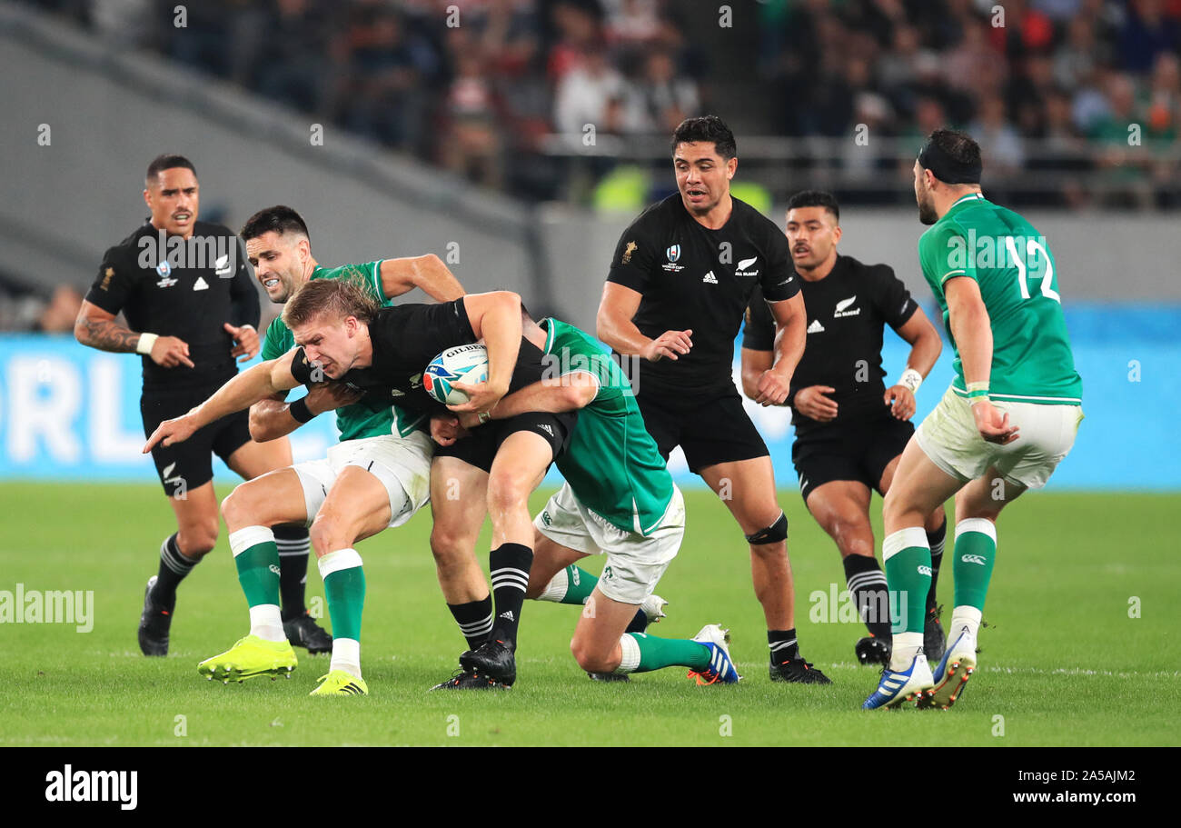 New Zealand's Jack Goodhue is tackled during the 2019 Rugby World Cup ...