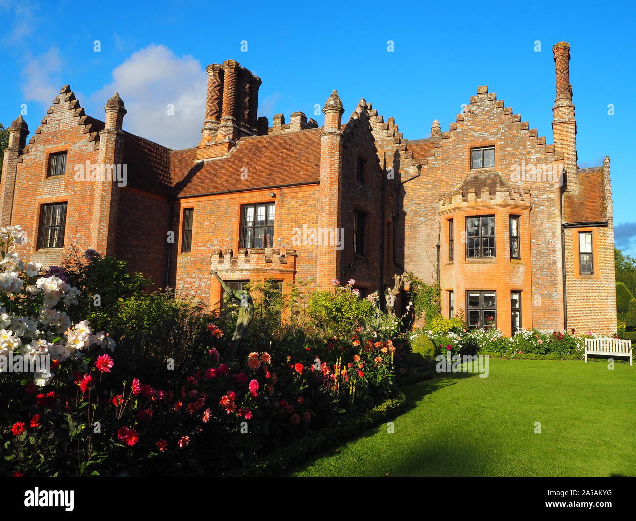 Chenies Manor House facing west.Fine weather, blue sky and ancient ...