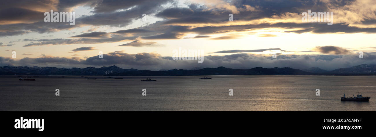 Panorama of Avacha Bay with a view of the volcano Viluchinsky ...