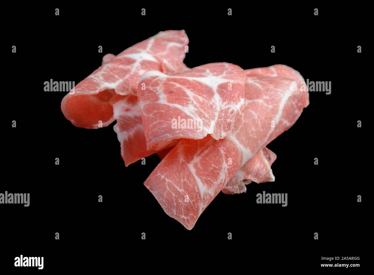 Thin slices of raw meat isolated on black background Stock Photo - Alamy