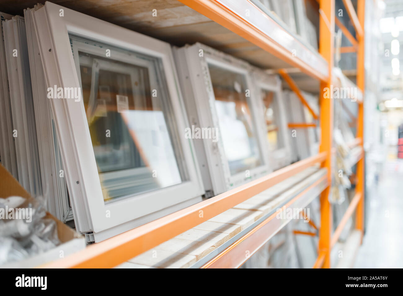 Hardware store assortment, shelf with windows Stock Photo - Alamy