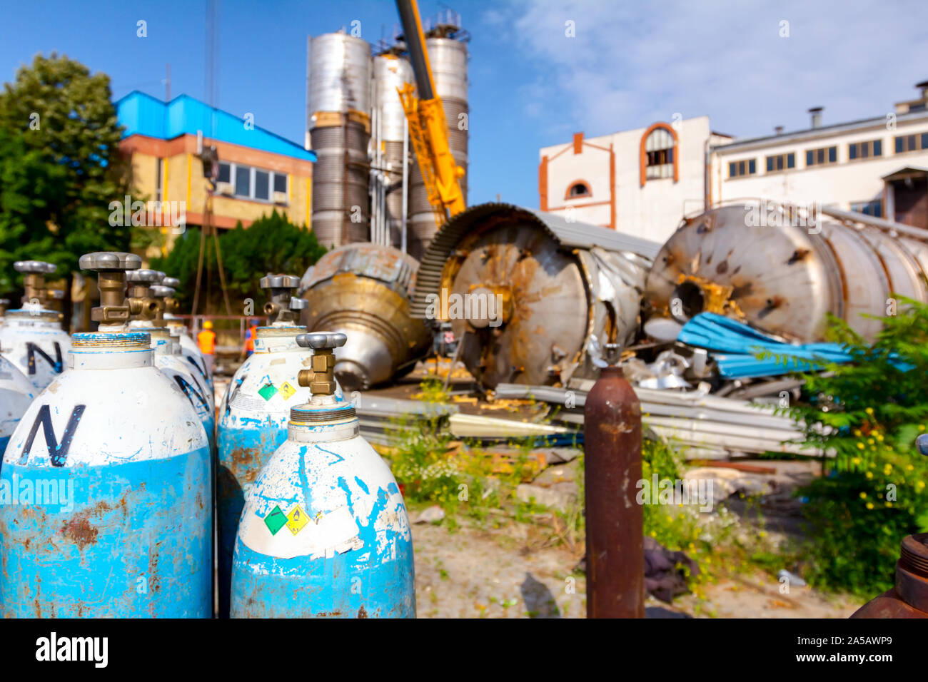 Used old gas welding tanks, for cutting scrap metal with torch at ...