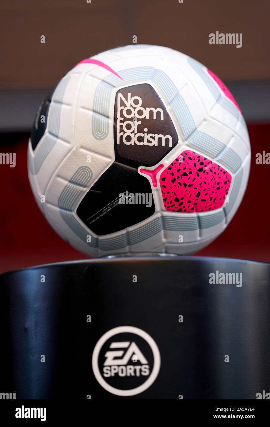 Detail of the No room for racism logo on the matchday ball ahead of the ...