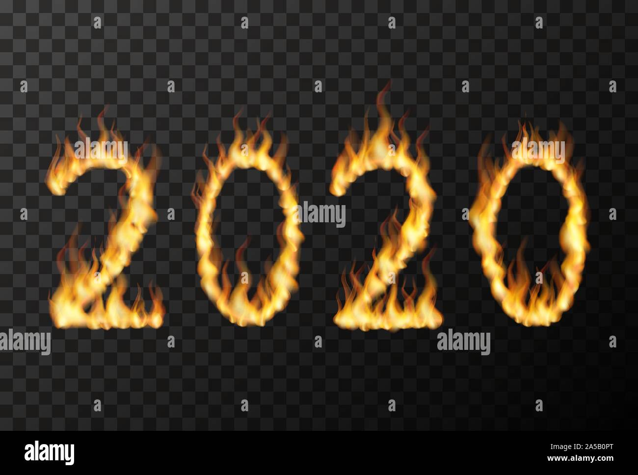 2020 year, lettering made from bright fire flames on transparent ...