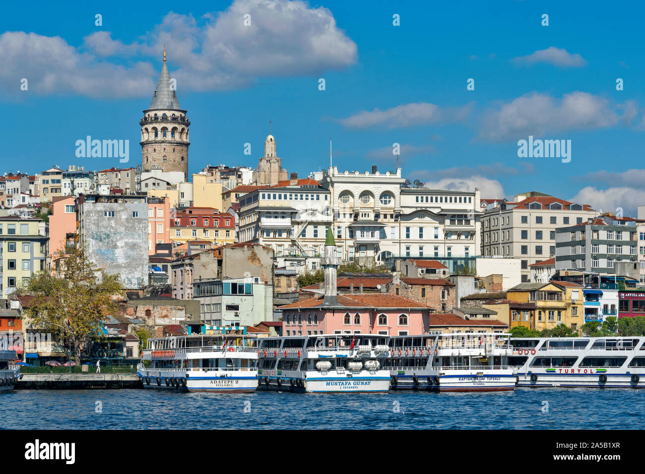 ISTANBUL TURKEY KARAKOY SKYLINE GALATA TOWER AND BOATS MOORED ON THE ...