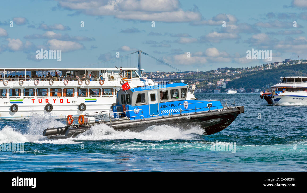 ISTANBUL TURKEY SPEEDING POLICE BOAT AND FERRY BOATS ON THE BOSPHORUS ...