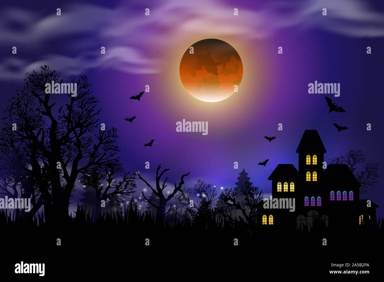 Haunted house with full moon eclipse and bats at Halloween night Stock ...