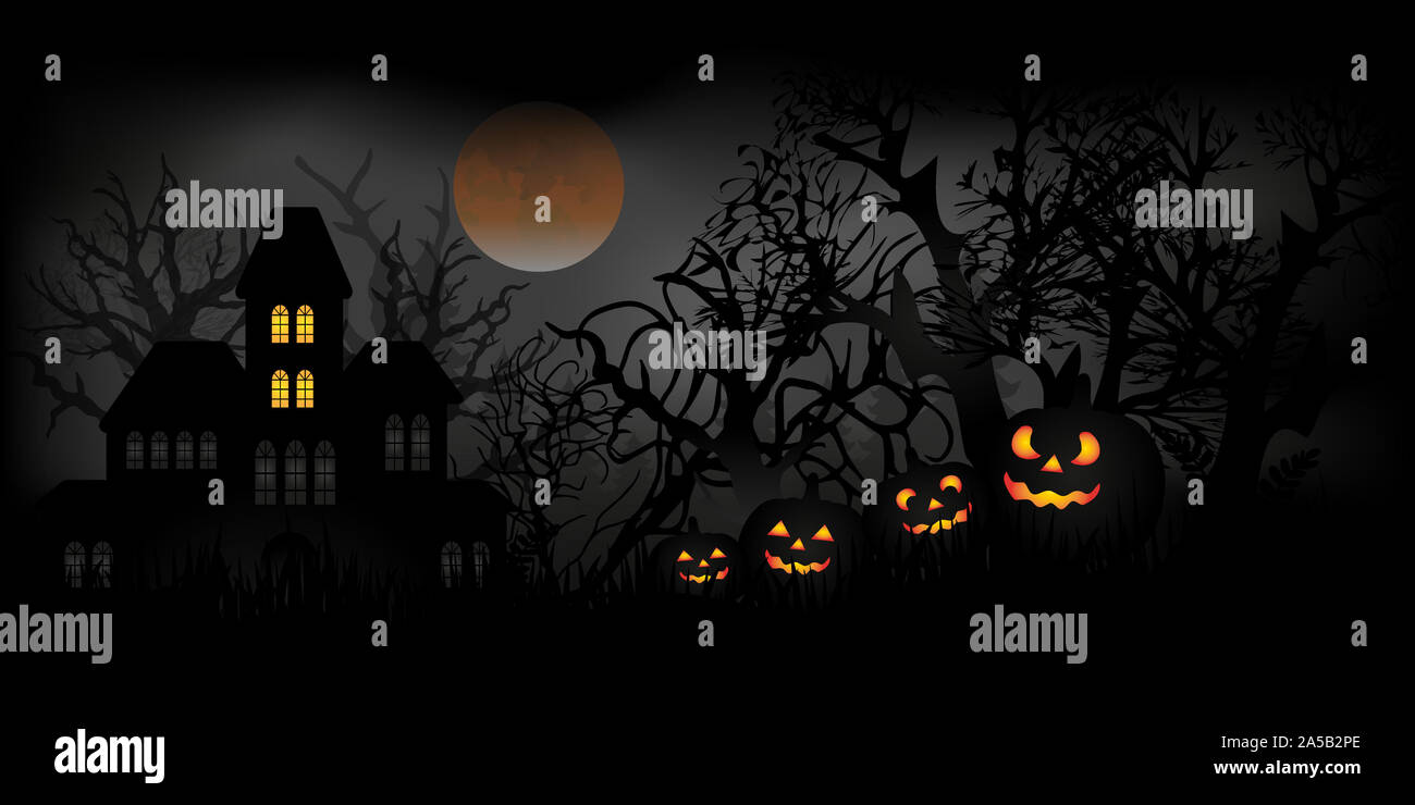 Haunted house with full moon eclipse and bats at Halloween night Stock ...