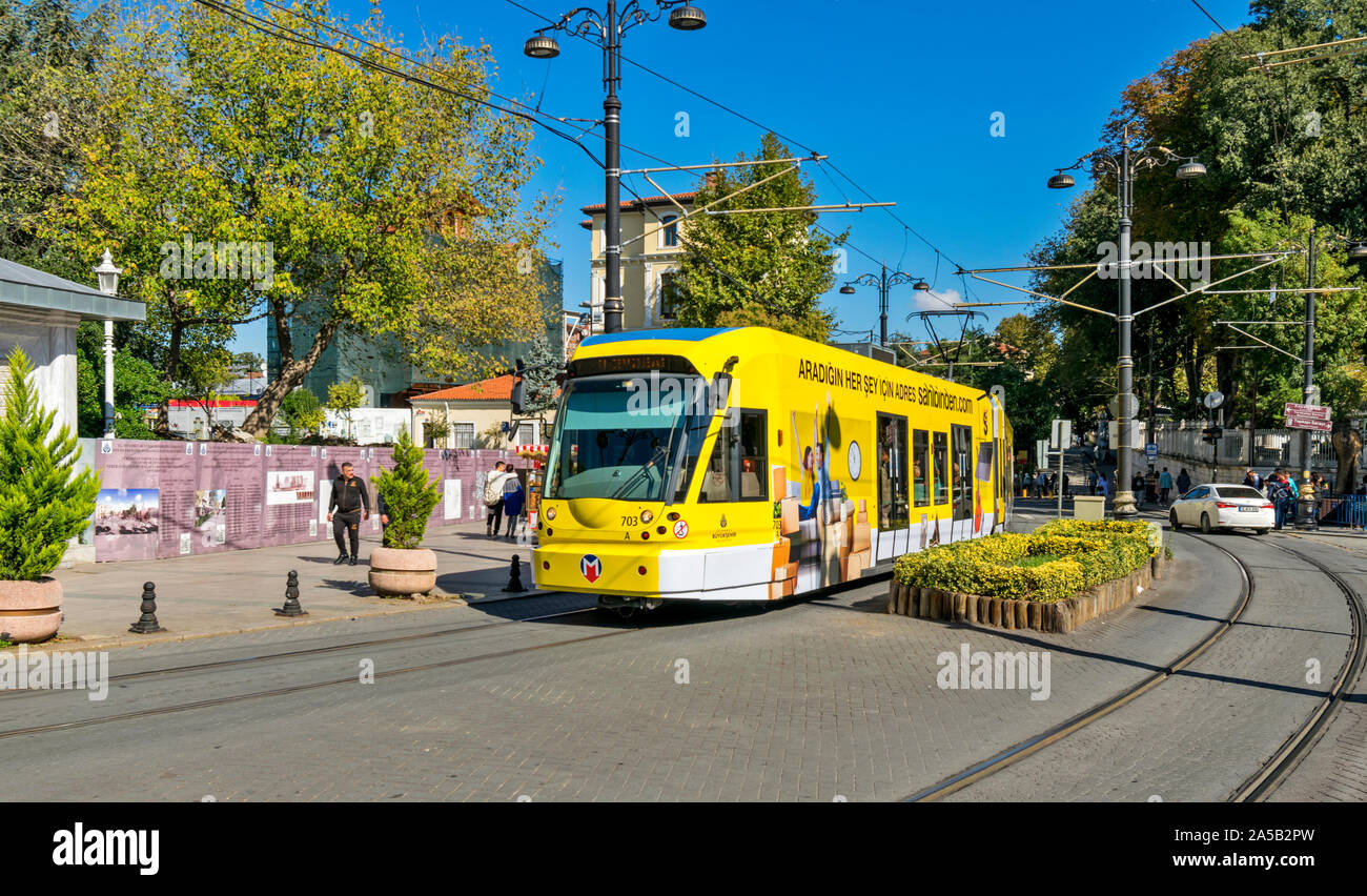 ISTANBUL TURKEY YELLOW TRAM AND TRAM LINES NEAR THE HAGIA SOPHIA Stock ...