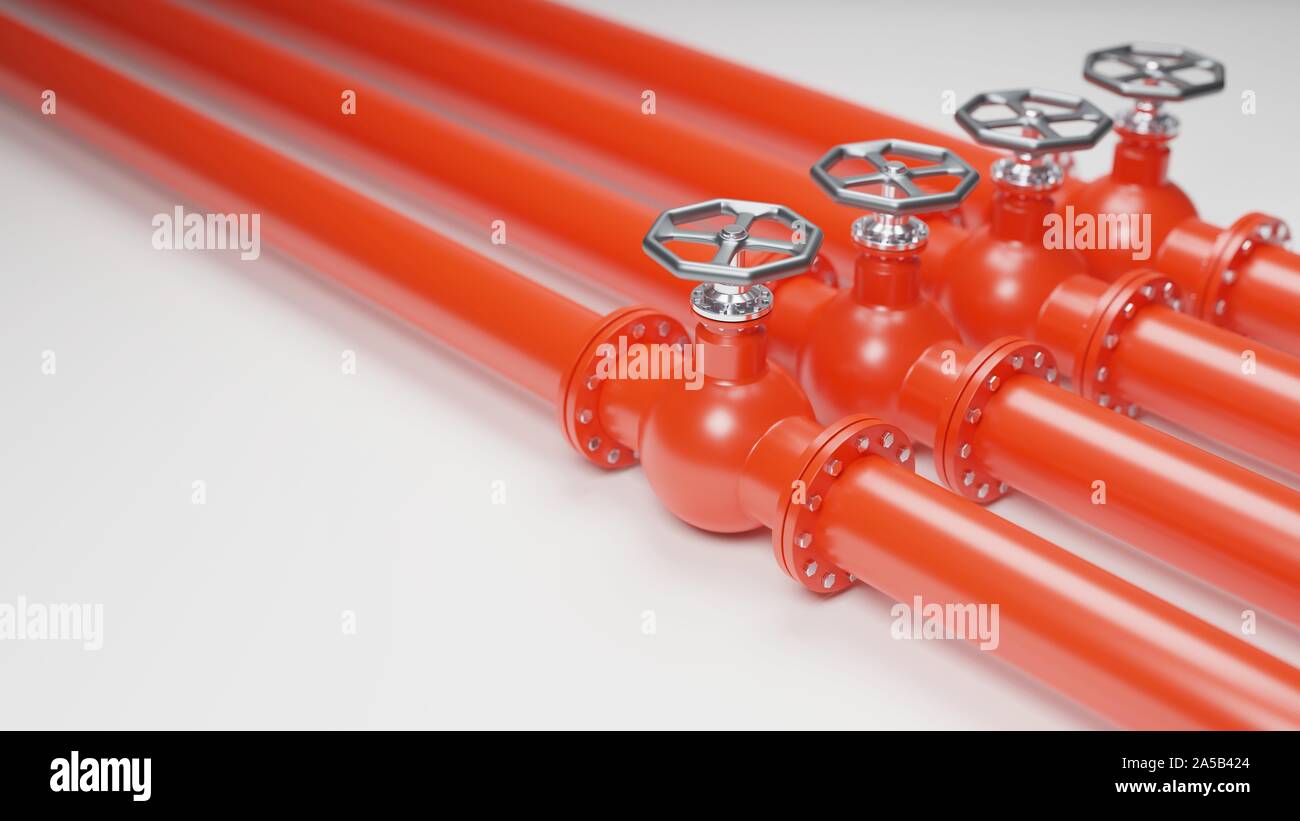 Red industrial pipelines and valves on white background. Digital 3D ...