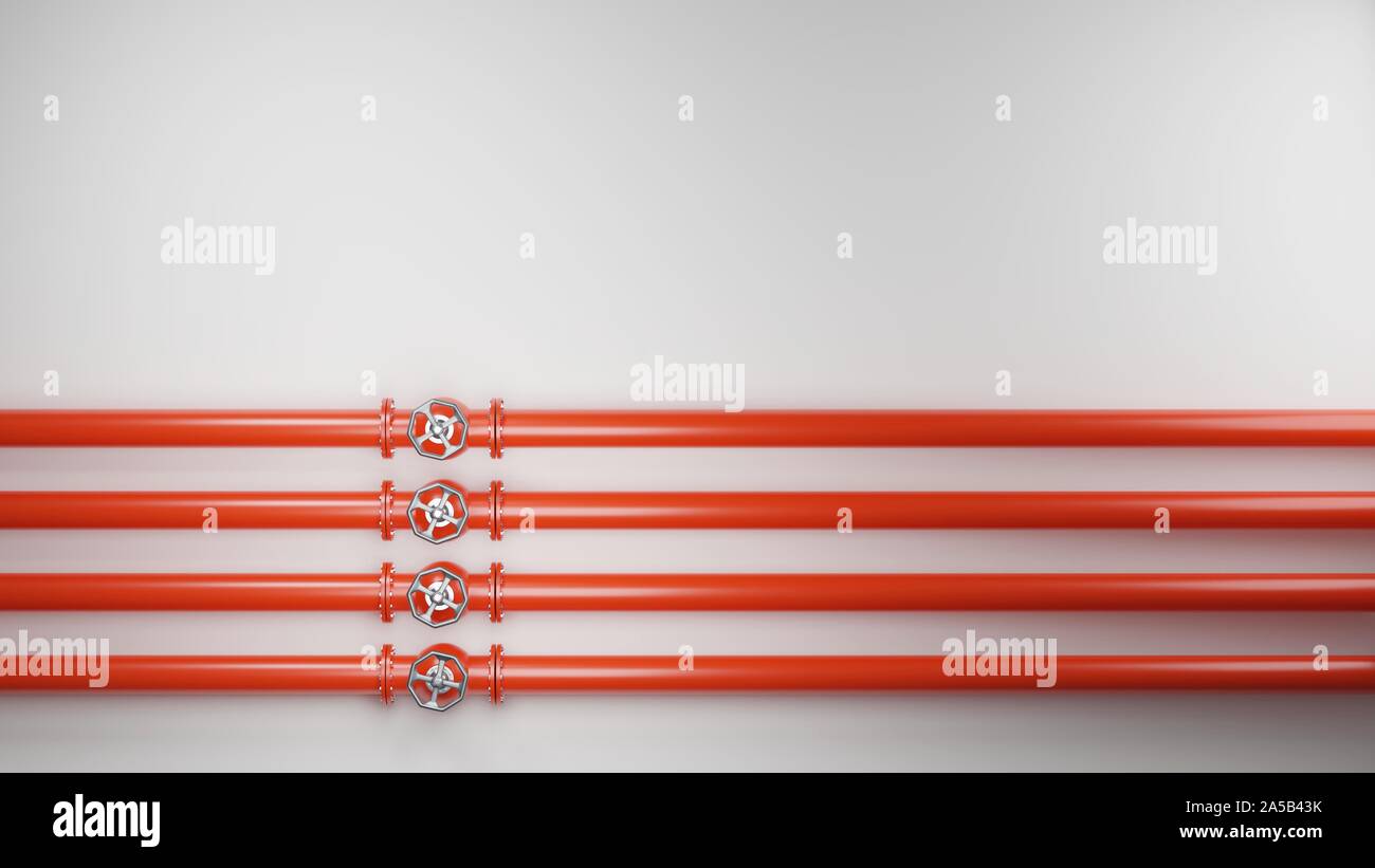 Red industrial pipelines and valves on white background. Digital 3D ...