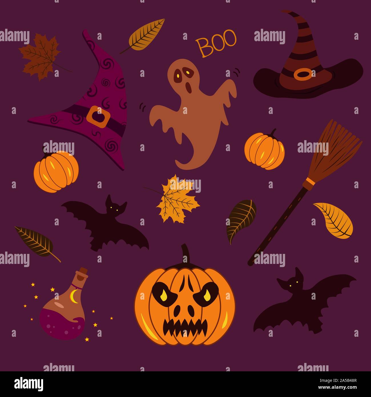 A set of stickers, a witch's hat, a broom, a potion, a pumpkin, a bat ...
