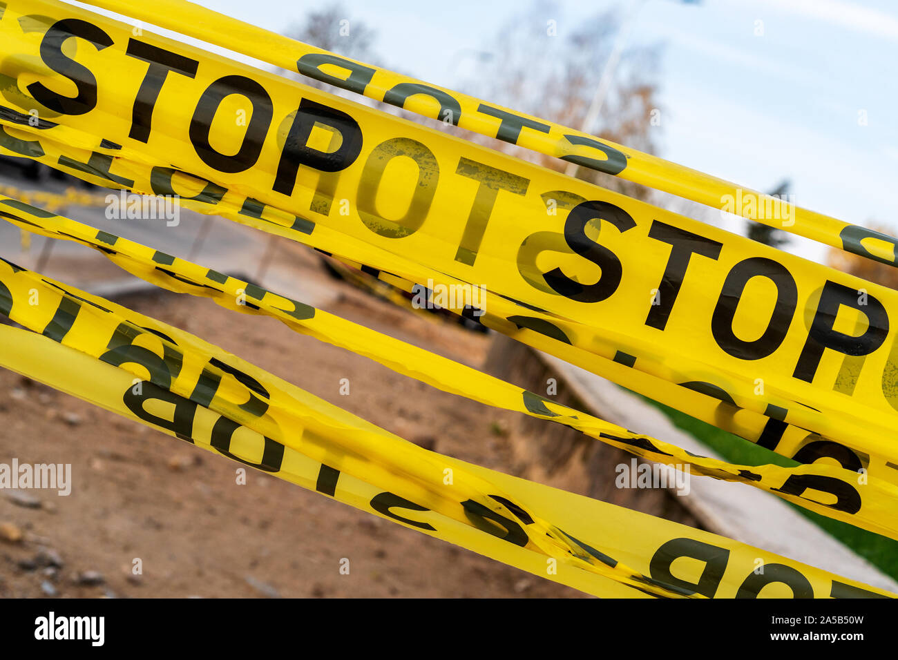 Barrier tape for no entry at an construction site or crime zone. Yellow ...