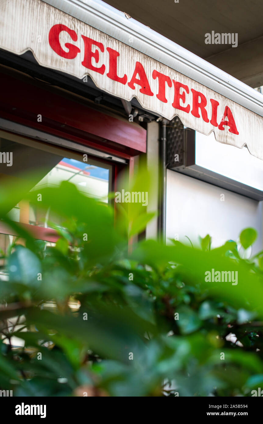 Text gelateria on sunblind. Italian ice cream. Facade on ice cream shop ...