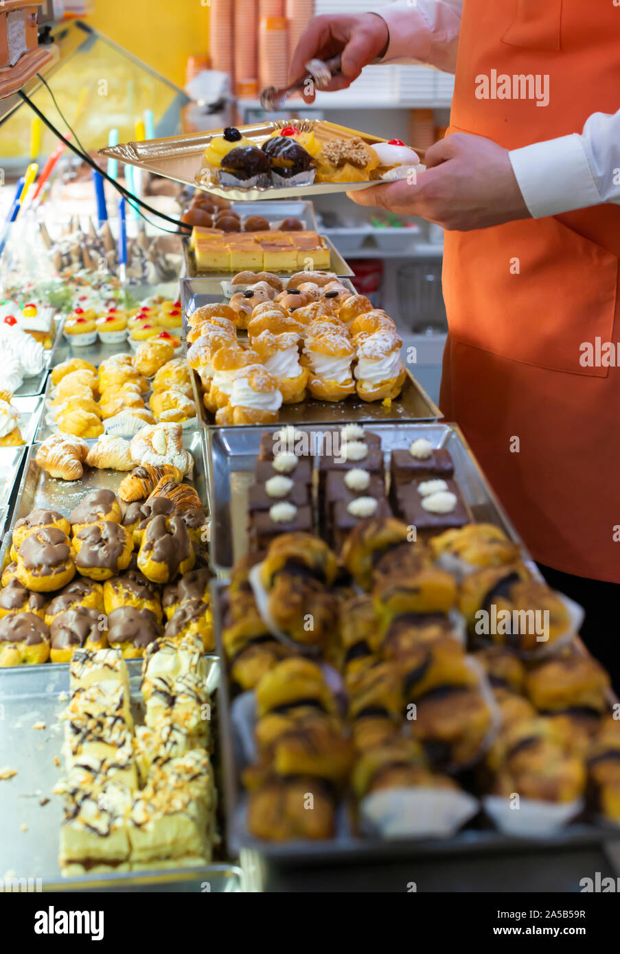 Italian pastry shop. Showcase on pastry shop. Cream and sweets Stock ...
