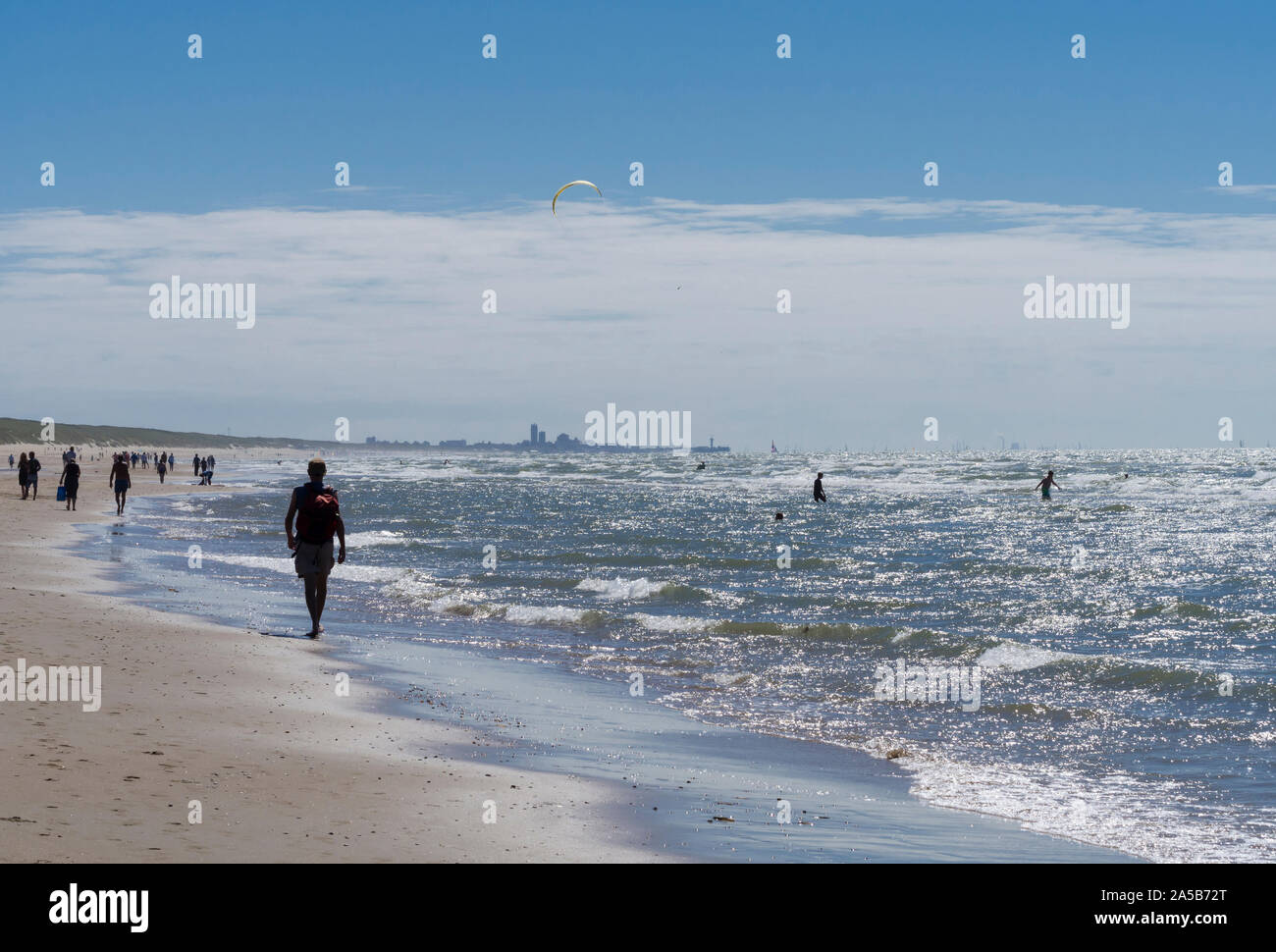 In front of the city skyline of The Haag (Den Haag), kite surfers and ...
