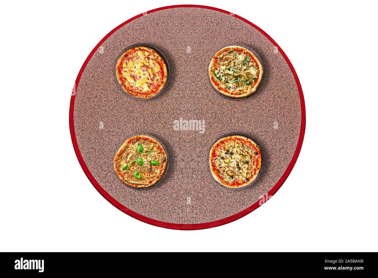Round textured table view from above and four pizza on plate.Isolated ...