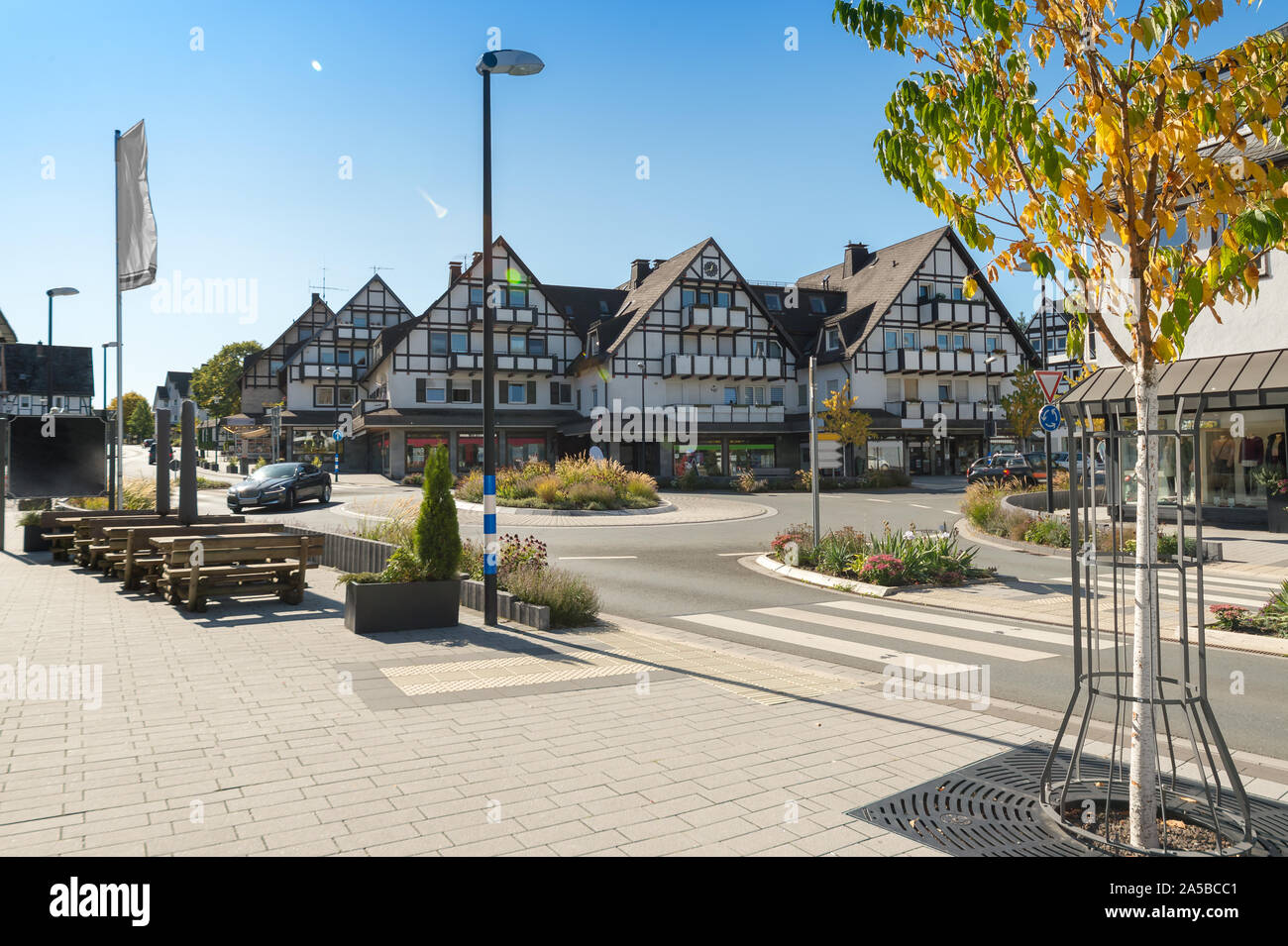 The city center of Olsberg in Sauerland. Newly built traffic circle ...