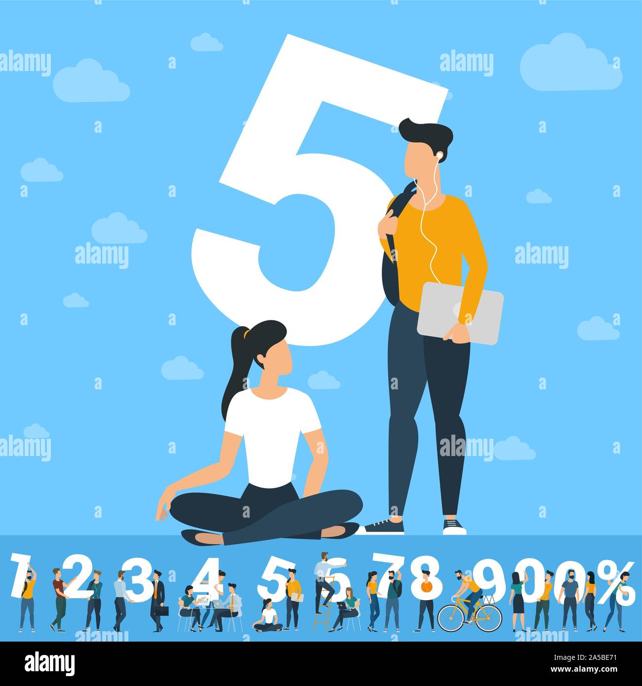 Big five number. White numbers illustration with young people Stock ...