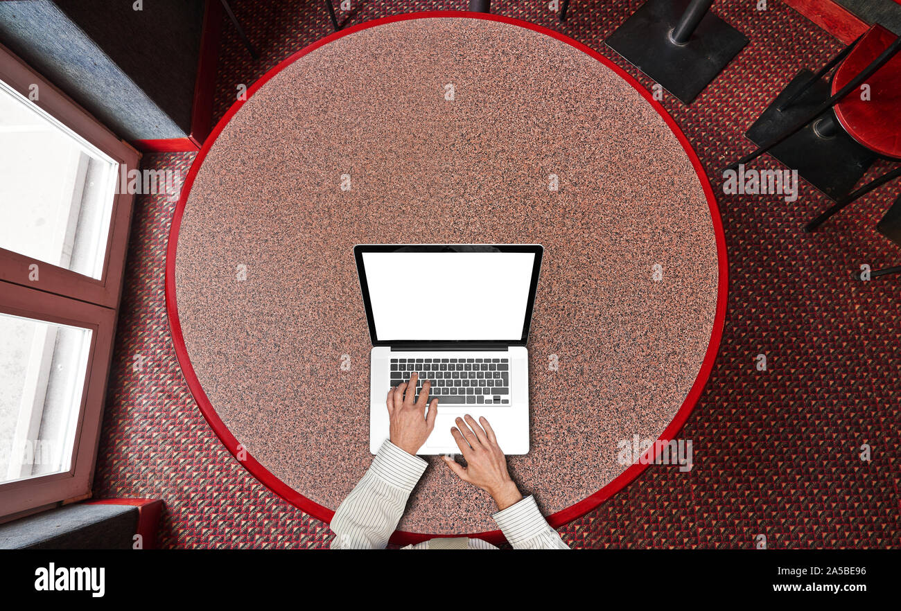 Top view from above on business man working on textured round table ...