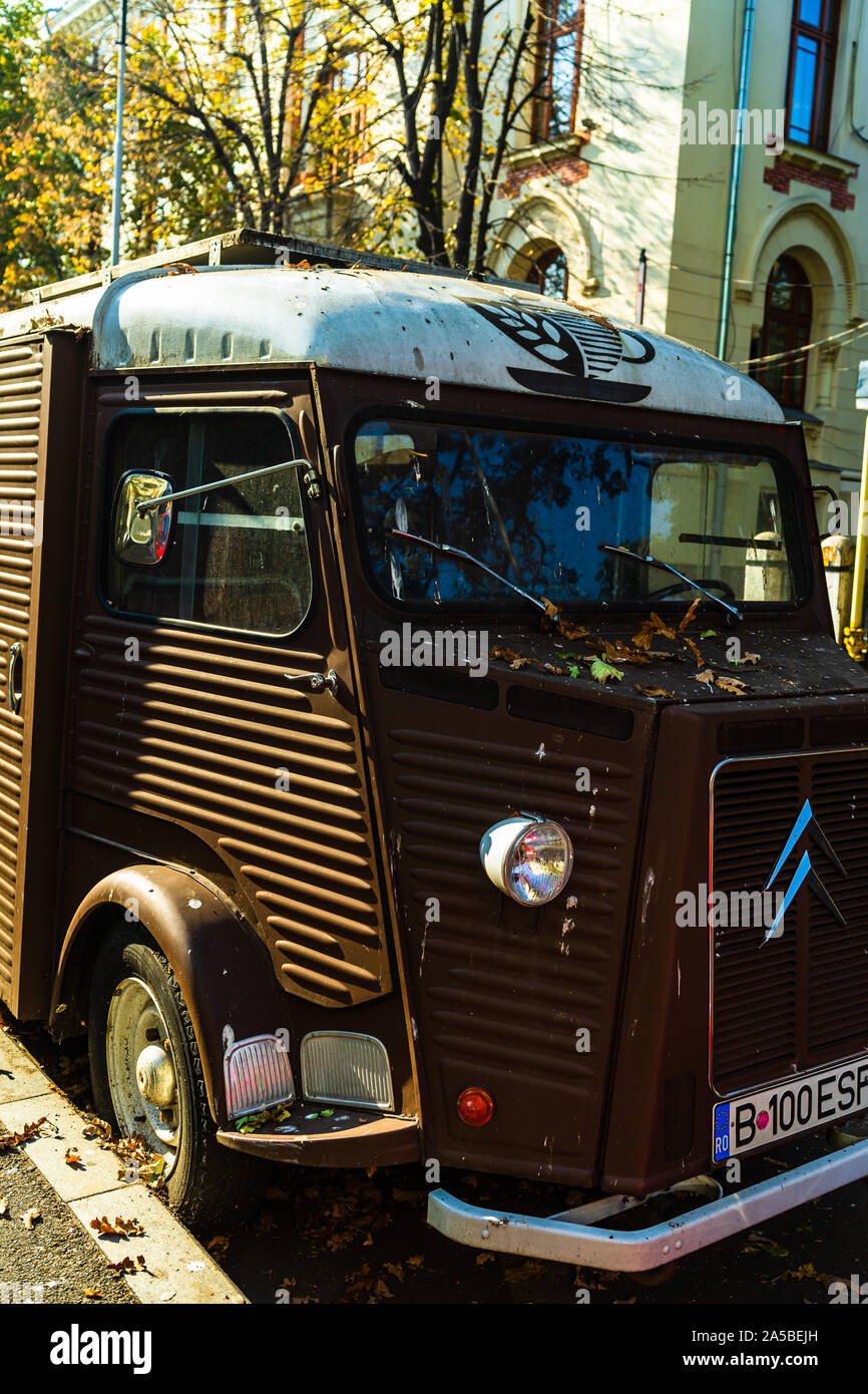 Old vintage Citroen truck parked on the street in Bucharest, Romania ...