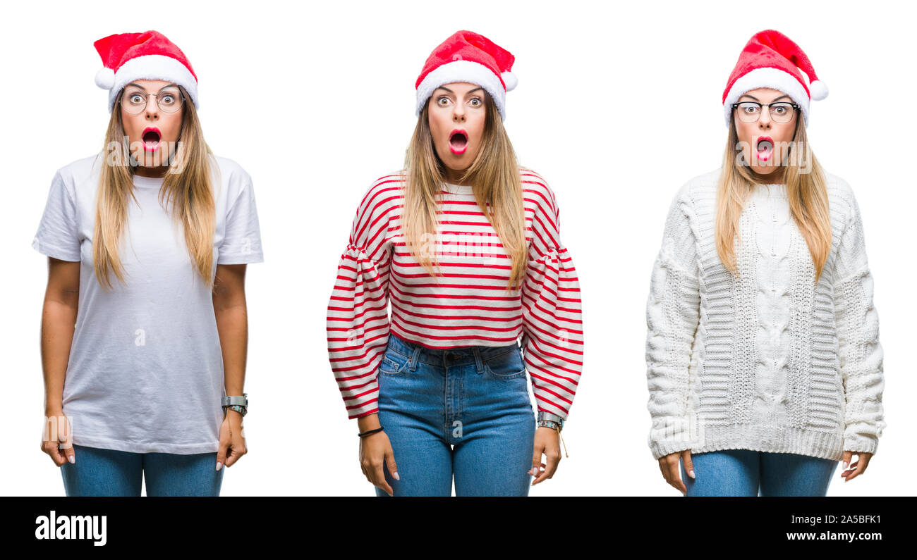 Collage of young beautiful woman wearing christmas hat over isolated ...