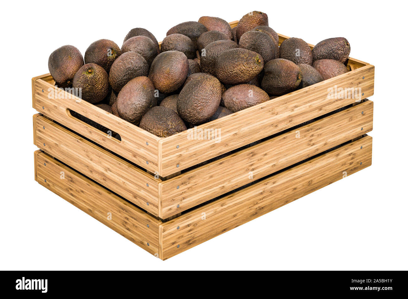 Avocado in the wooden crate, 3D rendering isolated on white background ...